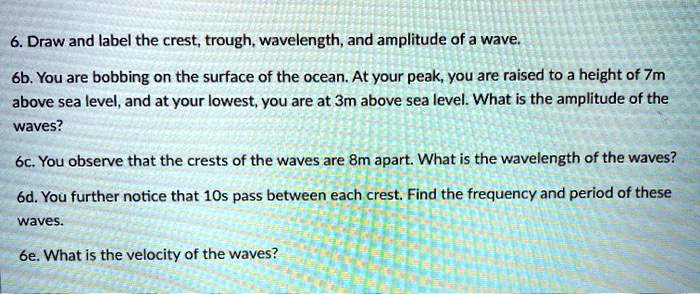 SOLVED: Draw and label the crest, trough; wavelength; and amplitude of ...