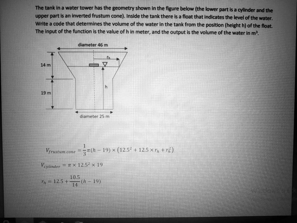 The tank in a water tower has the geometry shown in the figure below ...