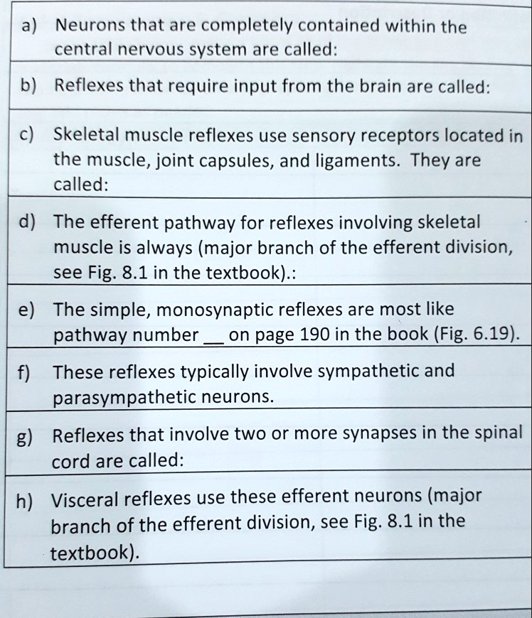 SOLVED: a) Neurons that are completely contained within the central nervous system are called: b ...
