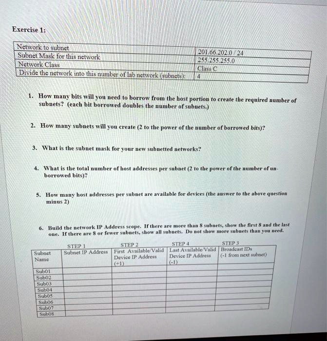 Exercise 1: Network to subnet 201.66.202.0 / 24 Subnet Mask for this network 255.255.255.0 ...