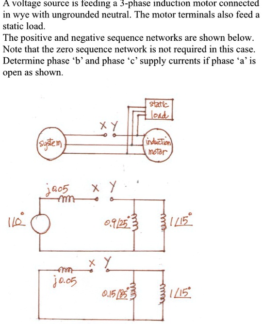 A voltage source is feeding a 3-phase induction motor connected in wye with ungrounded neutral ...