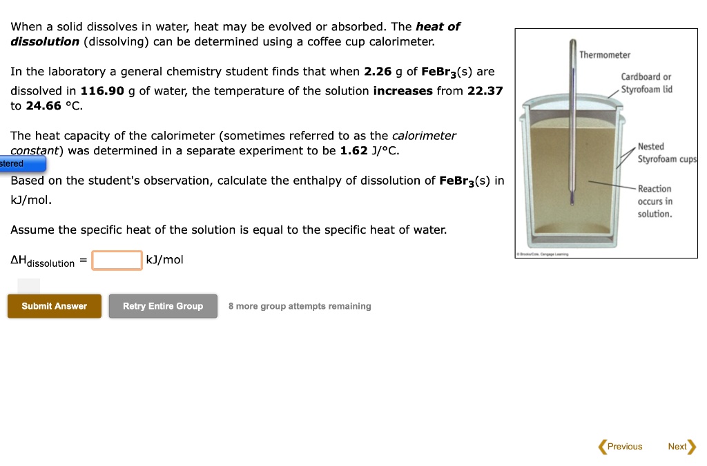 SOLVED: When a solid dissolves in water heat may be evolved or absorbed.The heat of dissolution ...