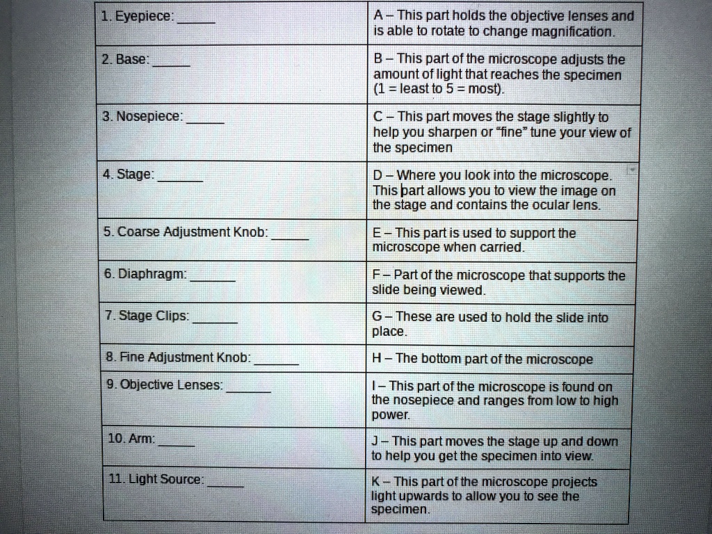 please match the parts of the microscope with their function put the ...