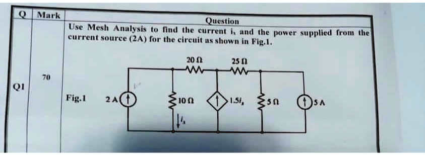 Use Mesh Analysis to find the current i, and the power supplied from the current source (2A) for ...