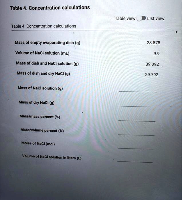 SOLVED: Table 4. Concentration calculations Table view List view Table ... SOLVED: Table 4. Concentration calculations Table view List view Table ...