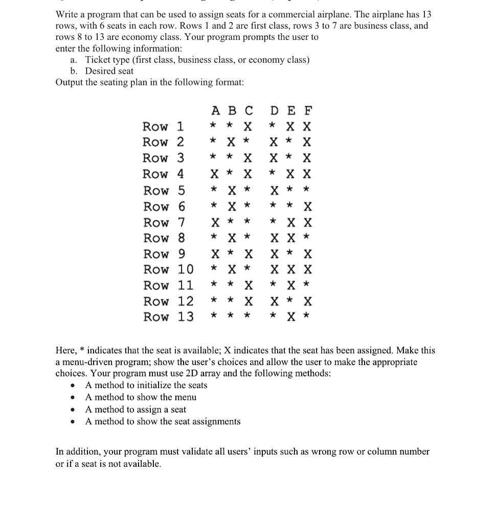SOLVED: Write a program that can be used to assign seats for a commercial airplane. The airplane ...