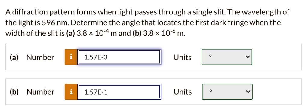 SOLVED: A diffraction pattern forms when light passes through a single slit. The wavelength of ...