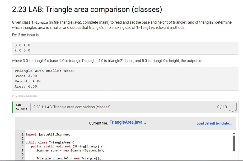 2.23 LAB: Triangle area comparison (classes) Given class Triangle (in file Triangle.java ...