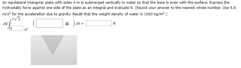 An equilateral triangular plate with sides 4 m is submerged vertically ...