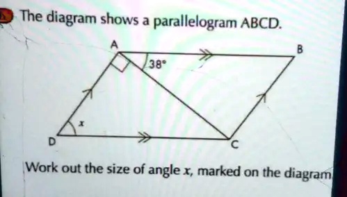 SOLVED: The diagram shows a parallelogram ABCD. 388 Work out the size of angle x, marked on the ...