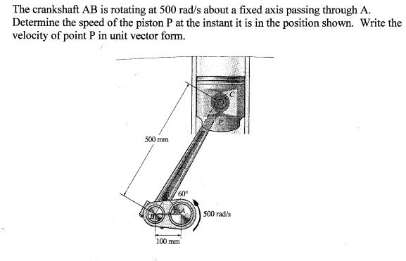 SOLVED: The crankshaft AB is rotating at 500 rad/s about a fixed axis ...