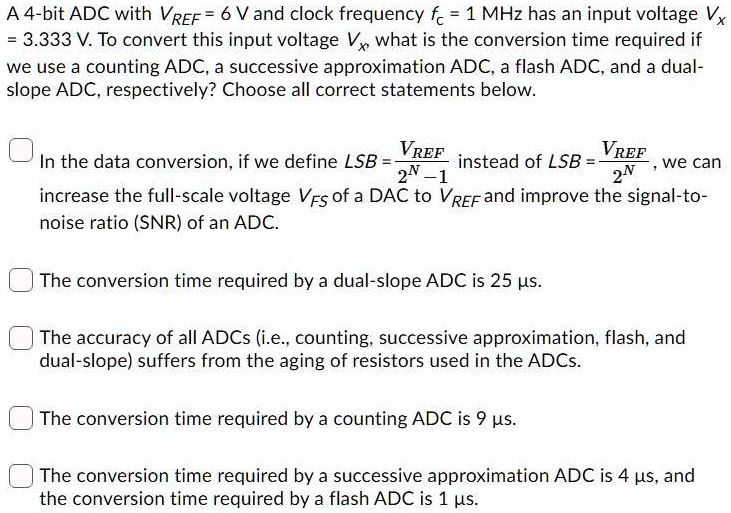 SOLVED: A 4-bit ADC with VREF 6 Vand clock frequency f 1 MHz has an input voltage Vx 3.333 V: To ...