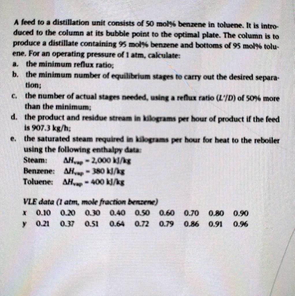 A feed to a distillation unit consists of 50 moles benzene in toluene ...