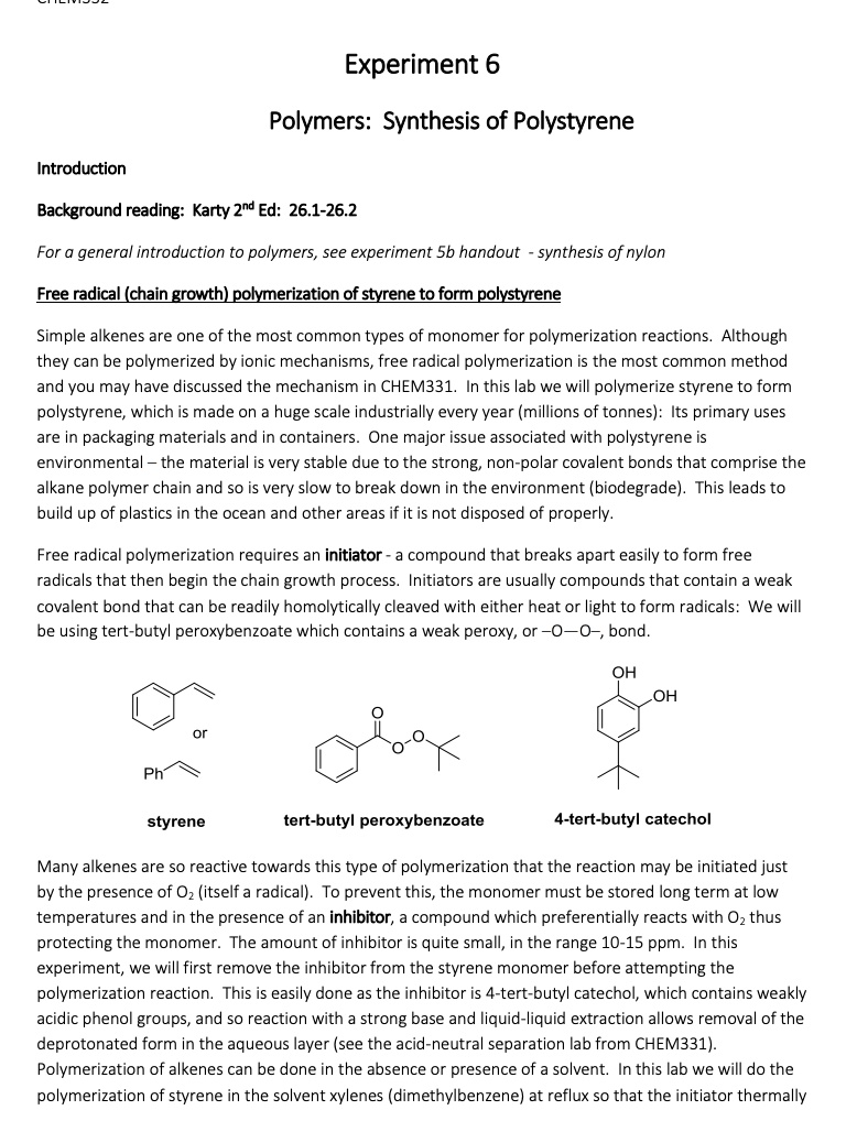 SOLVED: Experiment 6 Polymers: Synthesis of Polystyrene Introduction ...