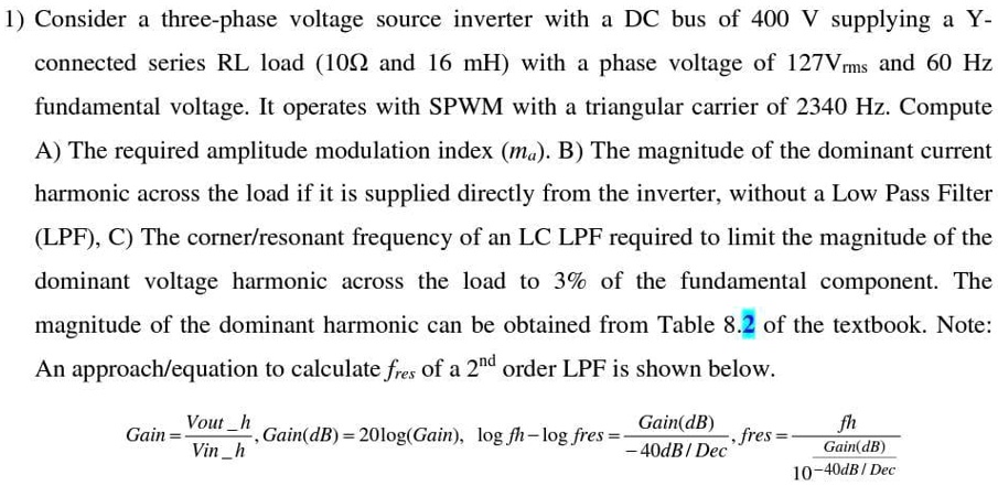 SOLVED: Consider a three-phase voltage source inverter with a DC bus of ...