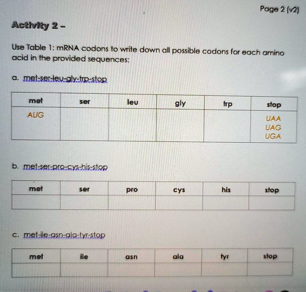 SOLVED: Activity 2 Use Table I: mRNA codons to write down all possible ...