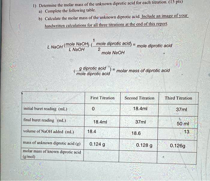 1) Determine the molar mass of the unknown diprotic acid for each ...
