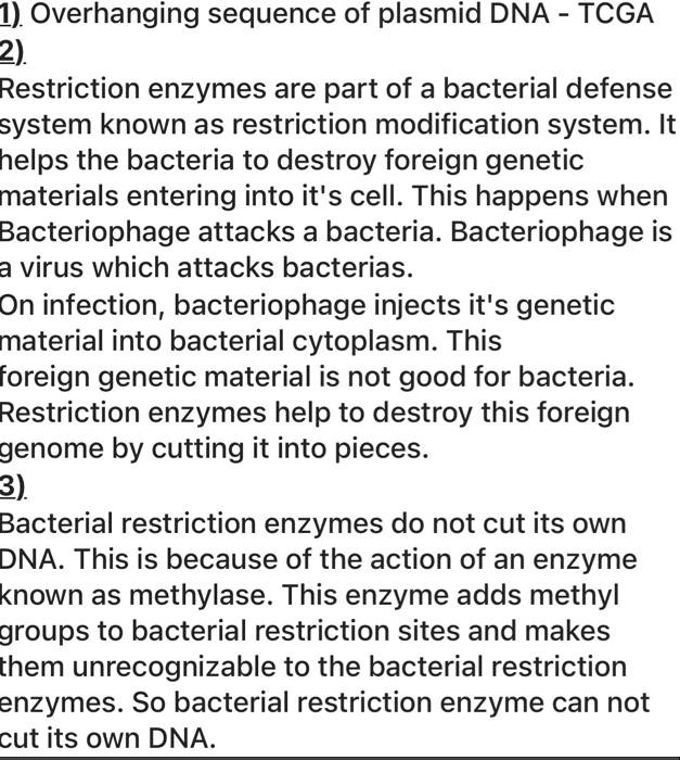 1 overhanging sequence of plasmid dna tcga 2 restriction enzymes are ...