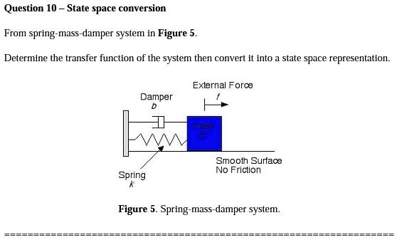 SOLVED: Question 10-State space conversion From spring-mass-damper system in Figure 5 Determine ...