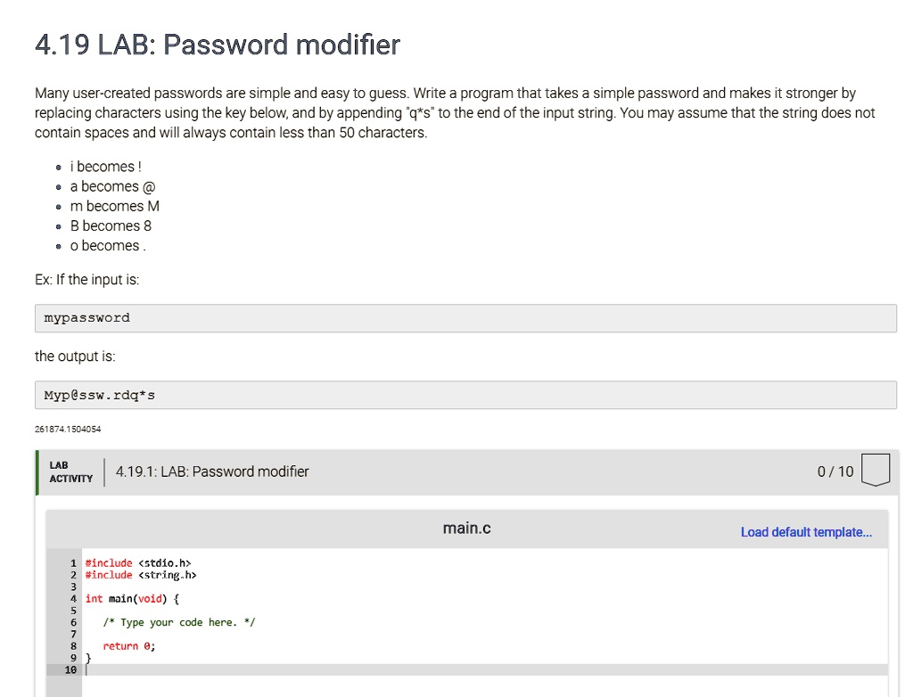 Program In C 419 Lab Password Modifier Replacing Characters Using The Key Below And By
