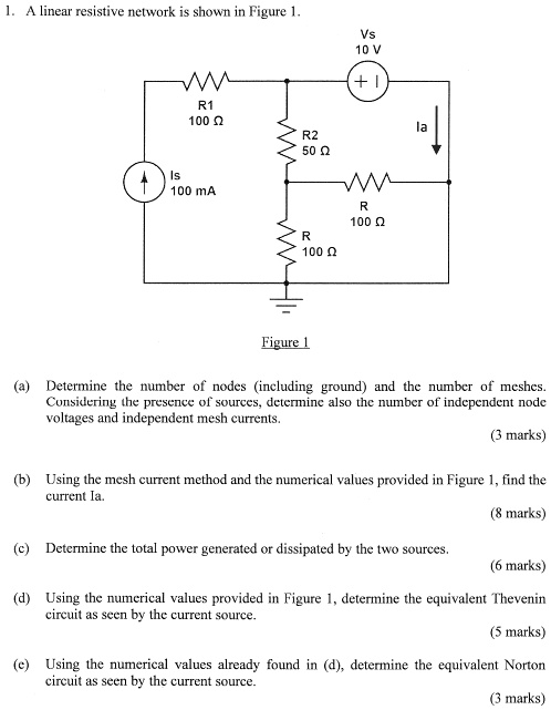 1. A linear resistive network is shown in Figure 1. Vs 10 V +1 R1 100 ...