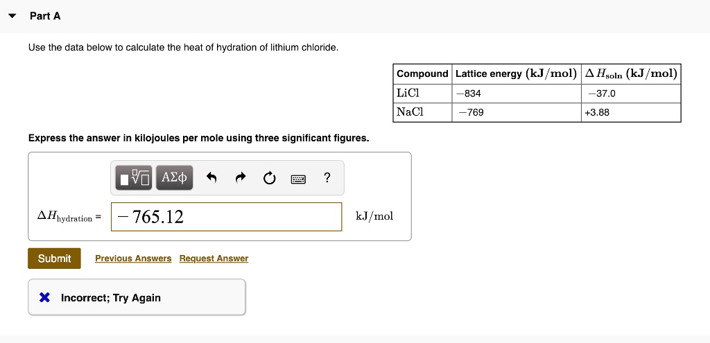 Use the data below to calculate the heat of hydration of lithium ...