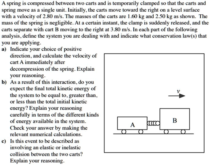 SOLVED:A spring is compressed between LWO carts and is lemporarily ...