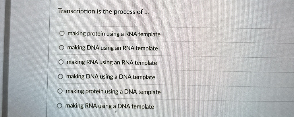 transcription is the process of making protein using a rna template ...