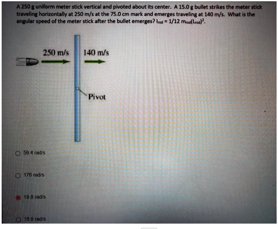 A 250 cm uniform meter stick is vertical and pivoted about its center ...