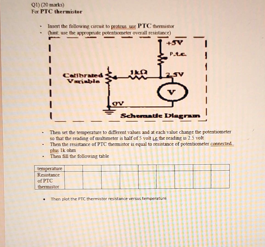 Q1) (20 marks) For PTC thermistor Insert the following circuit to ...
