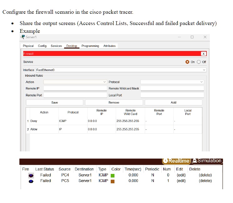 SOLVED: Configure the firewall scenario in the Cisco Packet Tracer. Share the output screens ...
