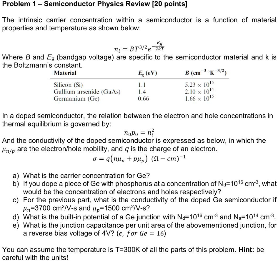 SOLVED: Problem 1-Semiconductor Physics Review [20points] The intrinsic ...