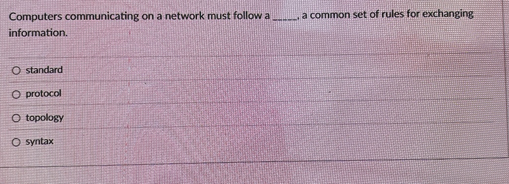 Computers communicating on a network must follow a , a common set of rules for exchanging ...