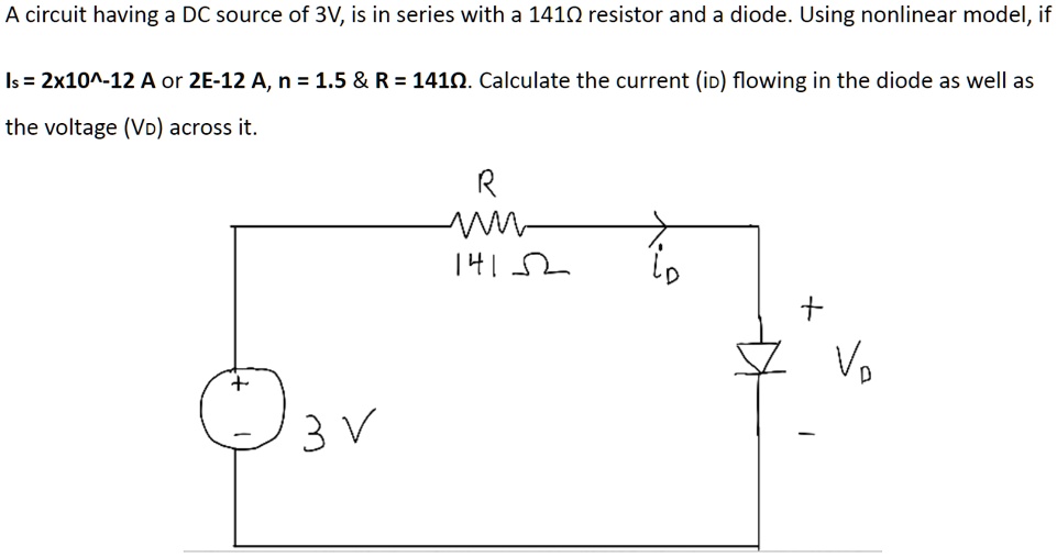 A circuit having a DC source of 3V, is in series with a 141Ωresistor ...