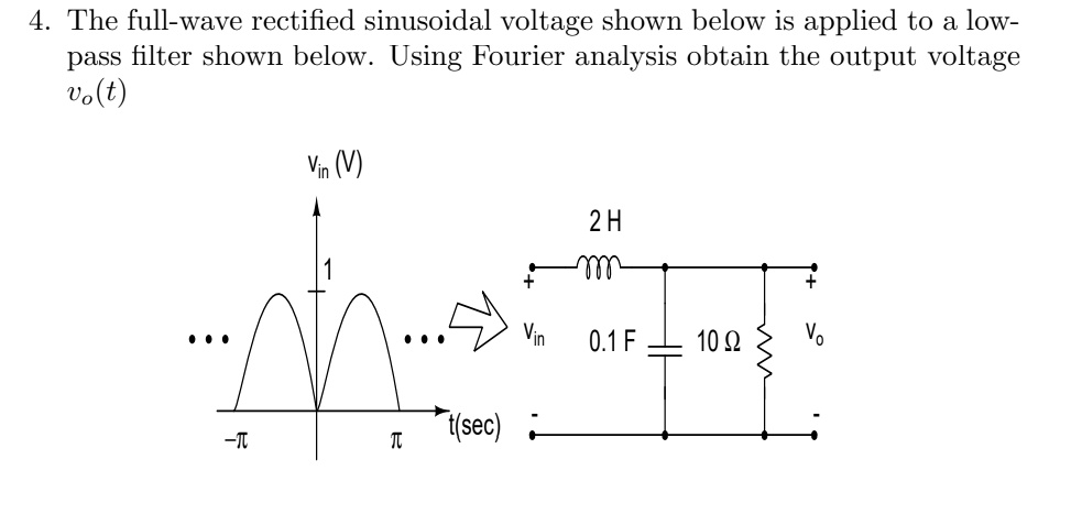 4. The full-wave rectified sinusoidal voltage shown below is applied to a low-pass filter shown ...