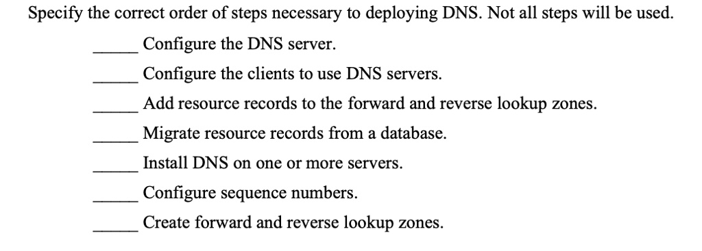SOLVED: Specify the correct order of steps necessary to deploying DNS. Not all steps will be ...