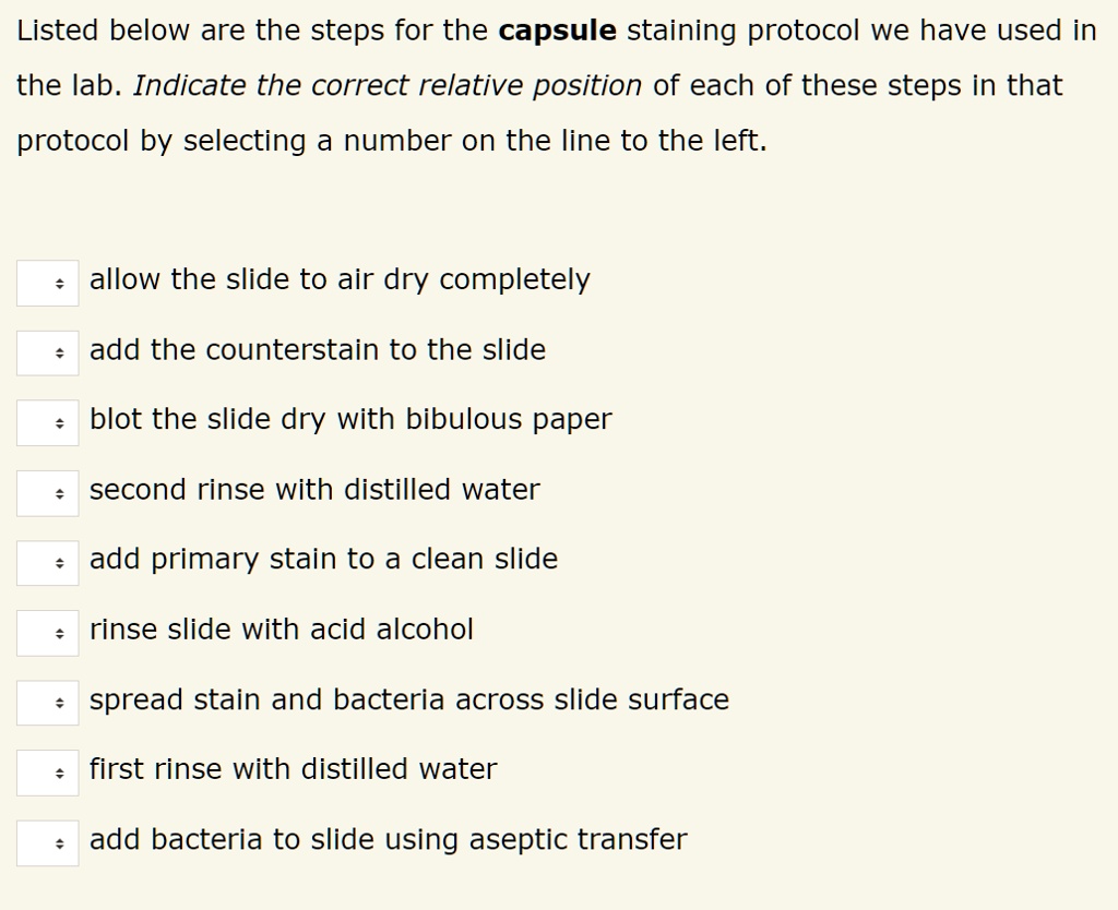 SOLVED: Listed below are the steps for the capsule staining protocol we ...
