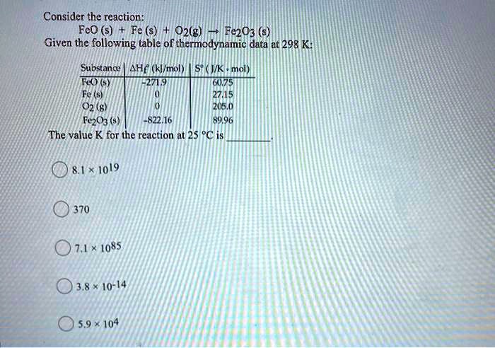 SOLVED: Consider the reaction FeO (s) â†’ Fe (s) + O2(g) â†’ Fe2O3 (s ...