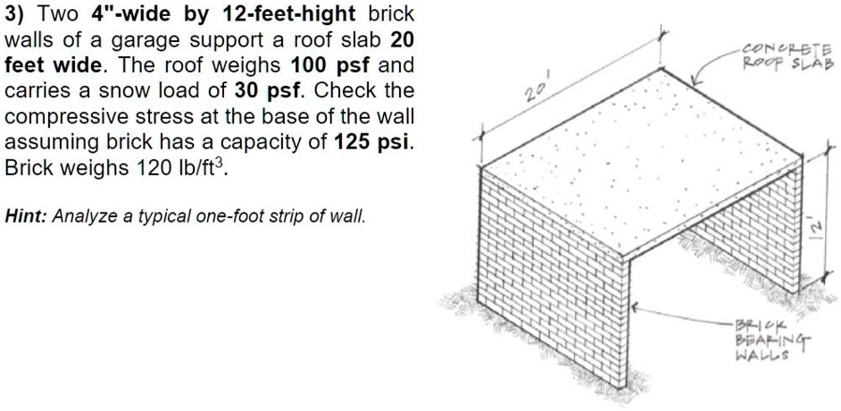 3) Two 4"-wide by 12-feet-hight brick walls of a garage support a roof ...