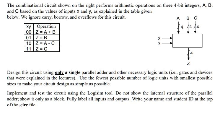 SOLVED: The combinational circuit shown on the right performs arithmetic operations on three 4 ...