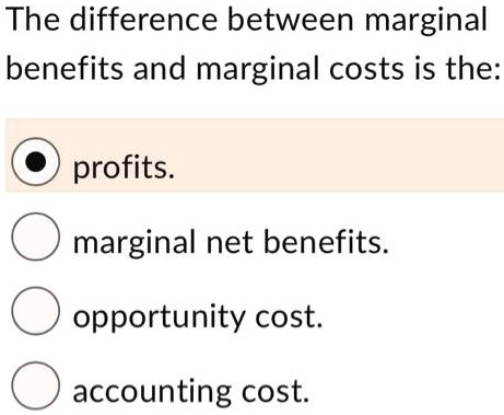 The difference between marginal benefits and marginal costs is the ...