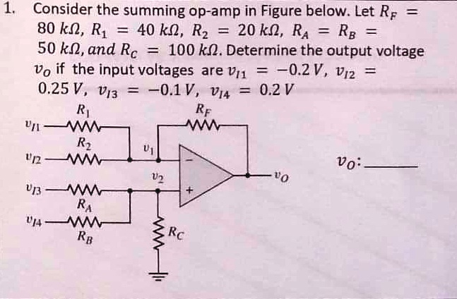 Consider the summing op-amp in Figure below. Let RF = 80kΩ, R1 = 40kΩ, R2 = 20kΩ, RA = RB = 50kΩ ...