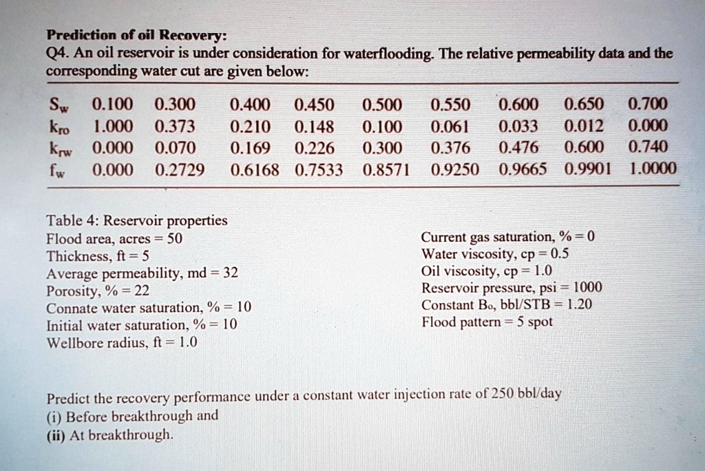 prediction of oil recovery q4 an oil reservoir is under consideration for waterflooding the ...