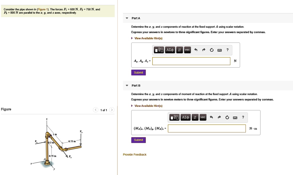 SOLVED: Consider the pipe shown in Figure 1. The forces F = 600 N, F2 = 750 N, and F3 = 800 N ...