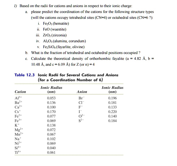 SOLVED: Based on the radii for cations and anions in respect to their ...