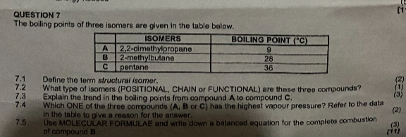 SOLVED: QUESTION 7 The boiling points of three isomers are given in the table below. 1|c ...