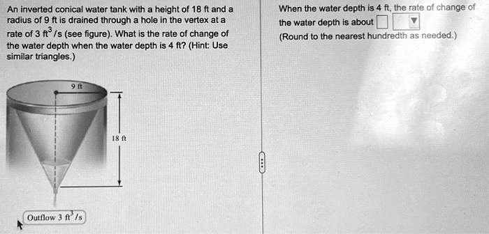 SOLVED: An inverted conical water tank with a height of 18 ft and a 3 ...