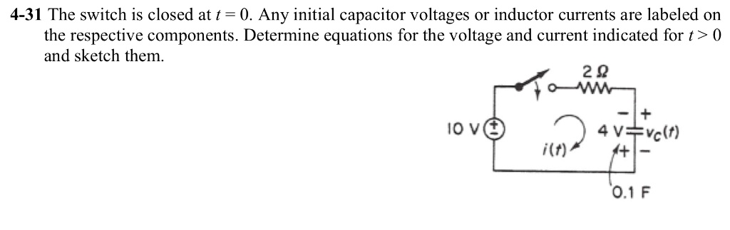 SOLVED: 4-31 The switch is closed at t = 0. Any initial capacitor ...
