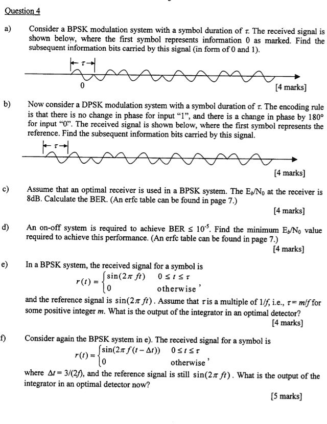 question 4 a consider a bpsk modulation system with a symbol duration ...