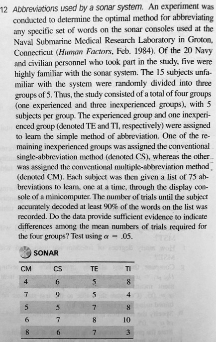 SOLVED: 12 Abbreviations used by a sonar system: An experiment was ...